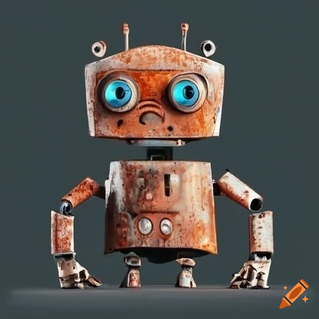 Adorable rusted robot with expressive eyes and clunky design on Craiyon