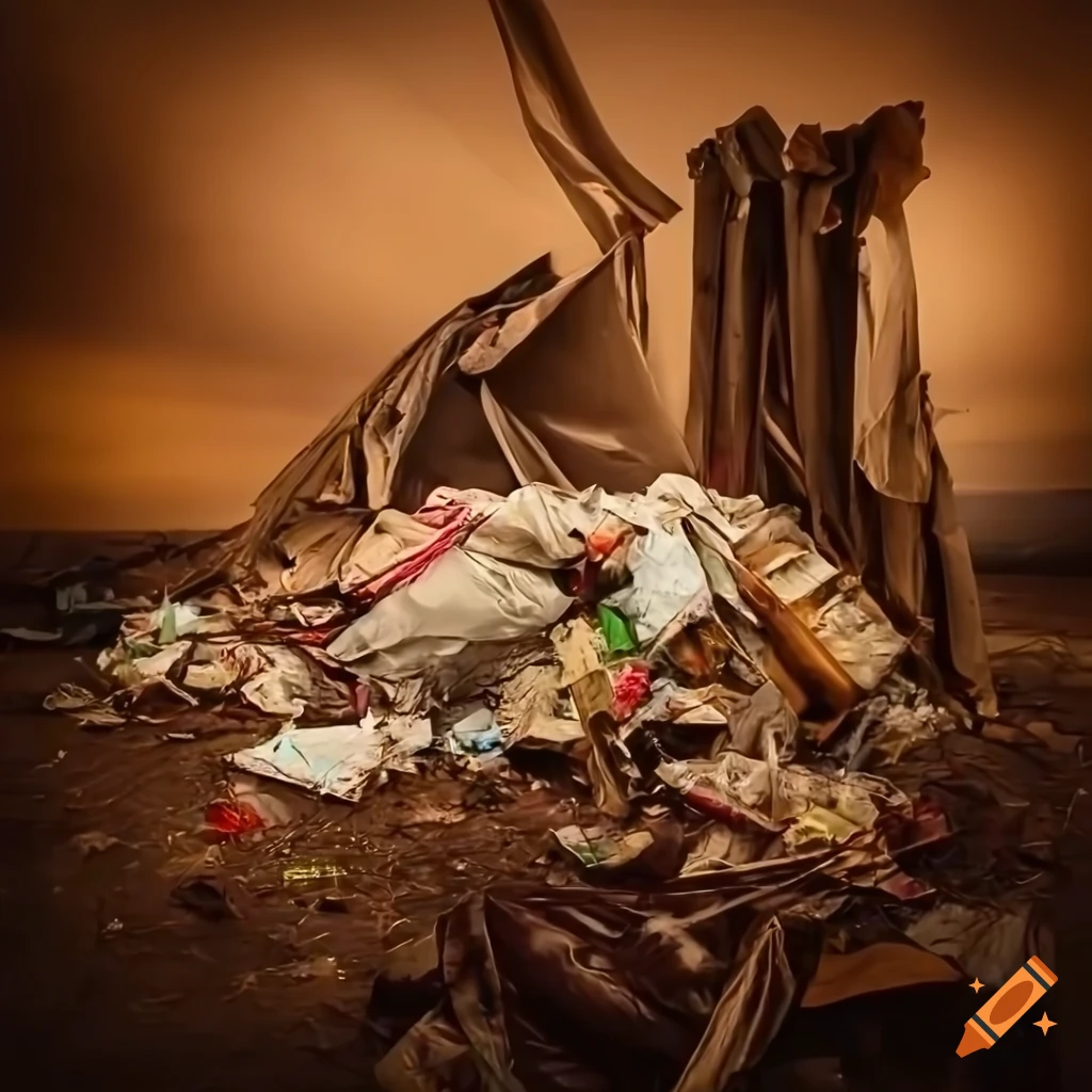 Pile of junk covered with a white drapery in a dramatic landscape on ...