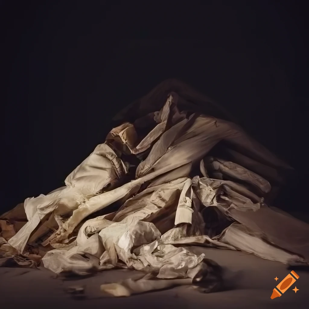 Pile of junk covered with a drapery in a dramatic landscape on Craiyon