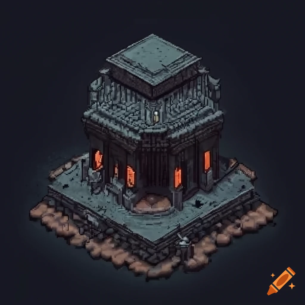 Isometric pixel art of a dark medieval temple on Craiyon