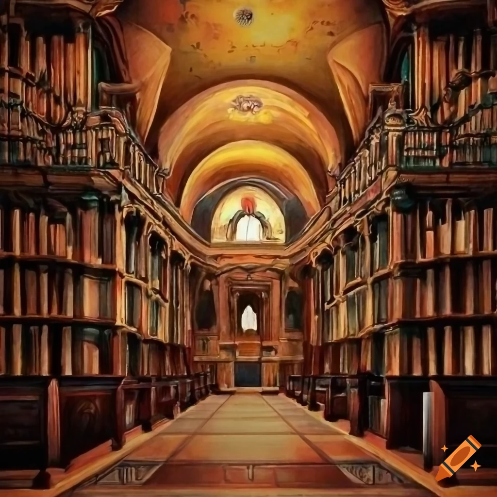 Peinture of religious library interior with monks reading books from ...