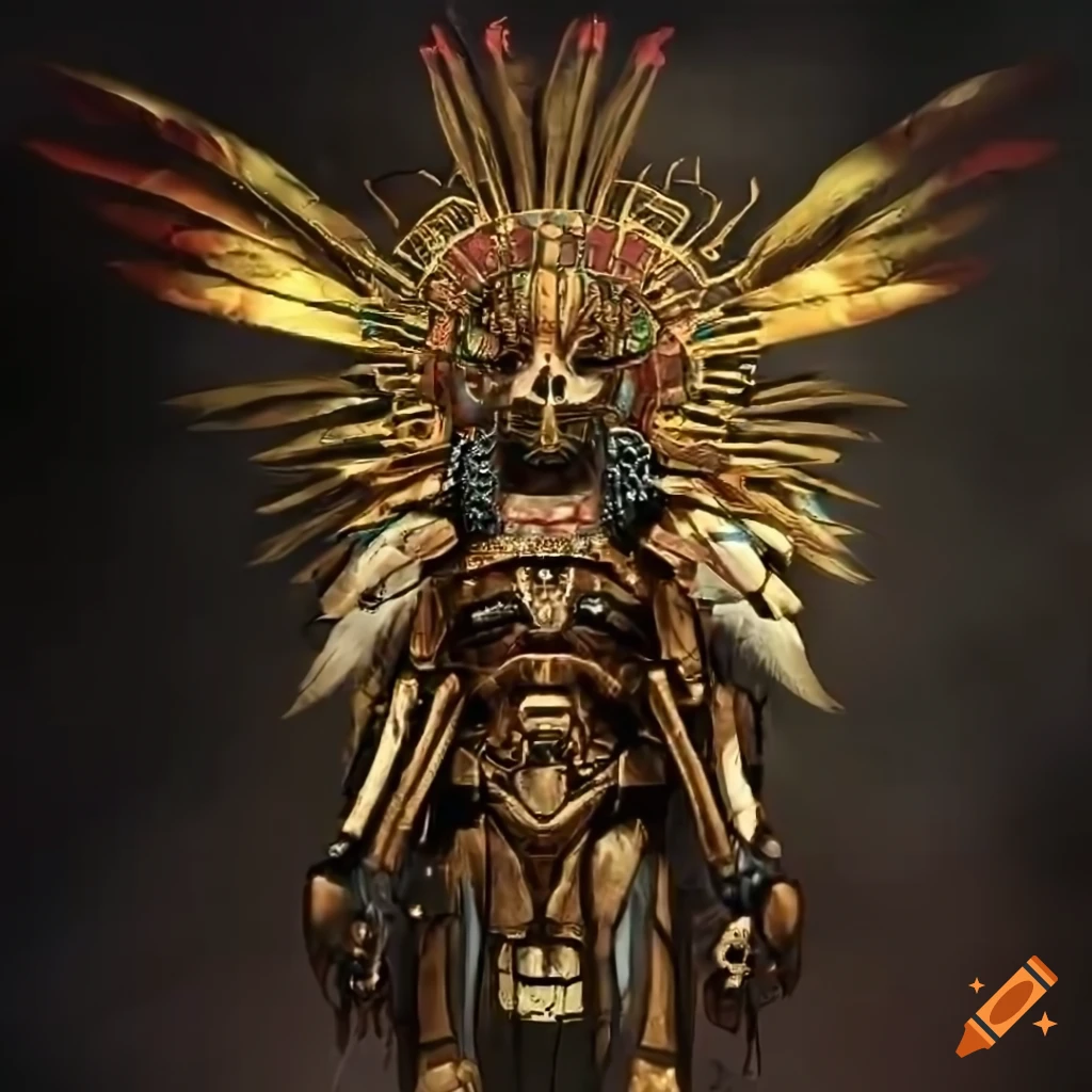 Anime mecha with Aztec design and golden skeleton in armor wielding a ...