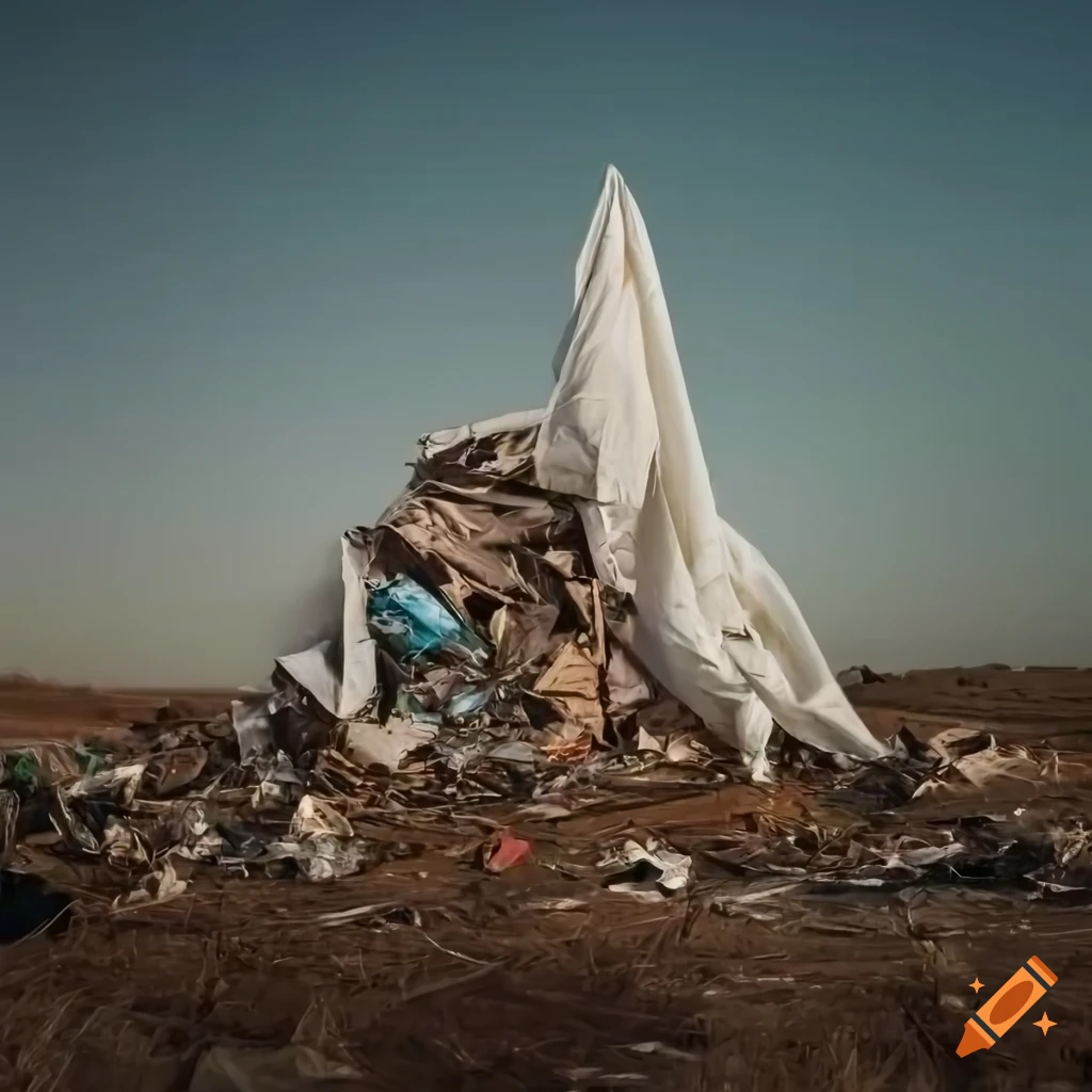 Pile of junk garbage covered with white drapery in a dramatic landscape ...