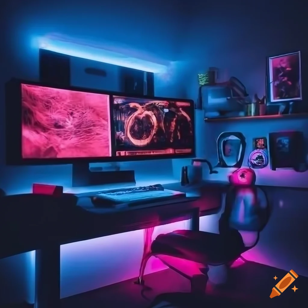 Hyper realistic gaming streaming room with neon lighting facing a ...