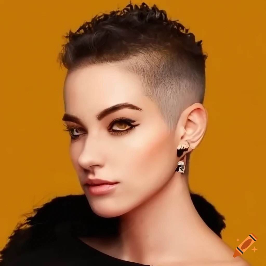 Beautiful 25-year-old woman with vibrant golden brown eyes and a short curly golden copper crew ...