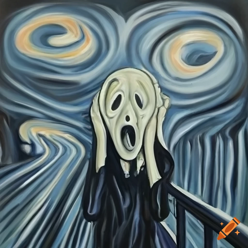 The scream painting with grey colors representing fights, people, and ...