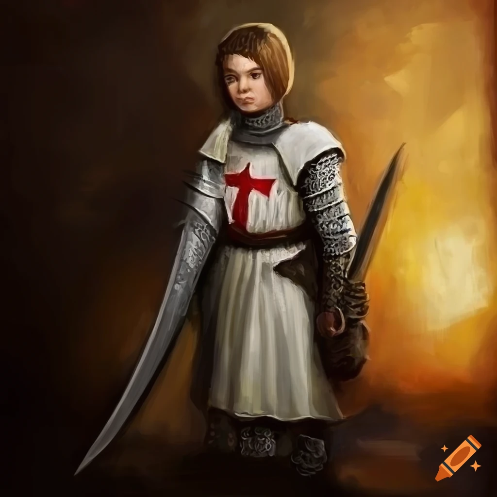 Child knight templar with a sword in oil painting style on Craiyon