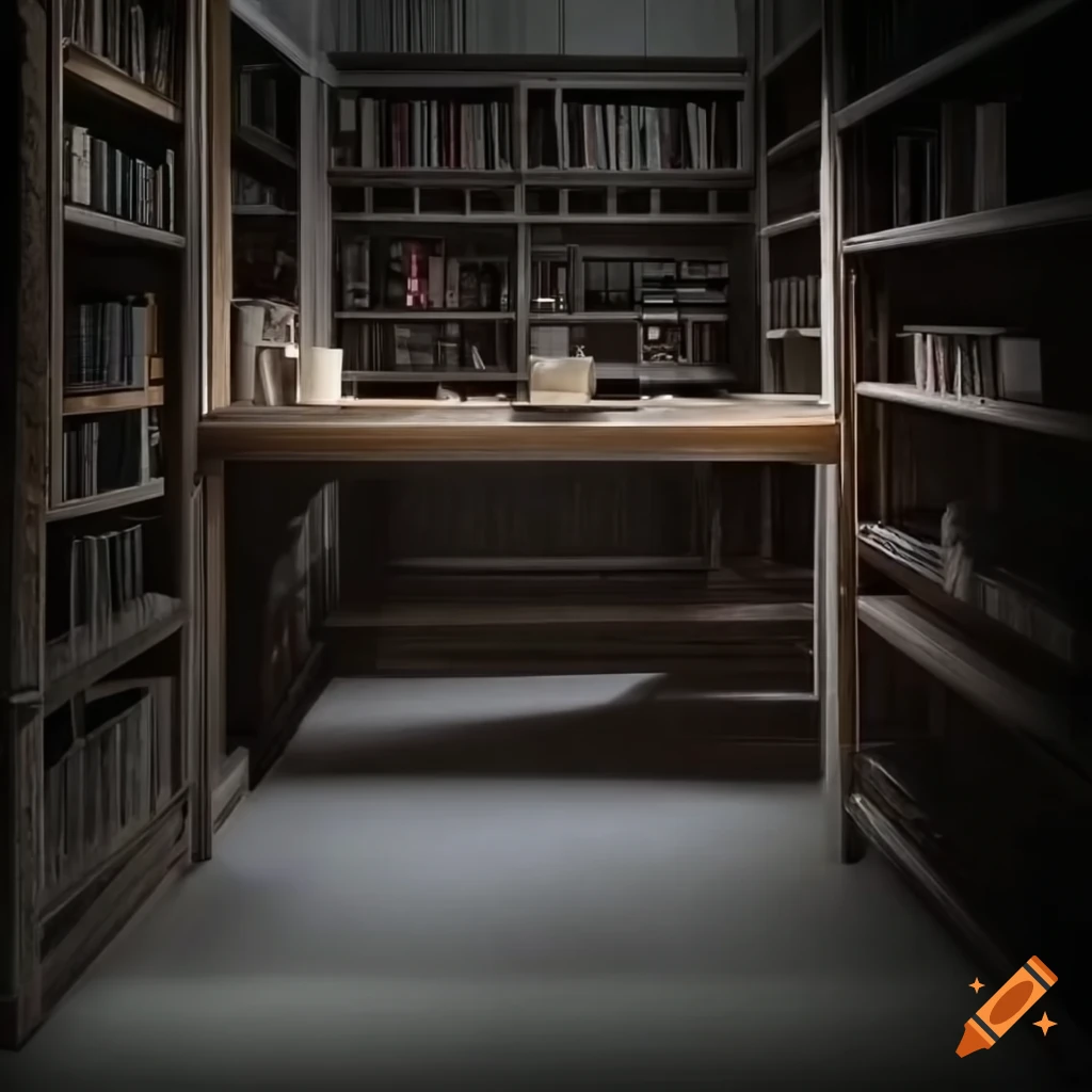 Dark study room in frontal perspective on Craiyon