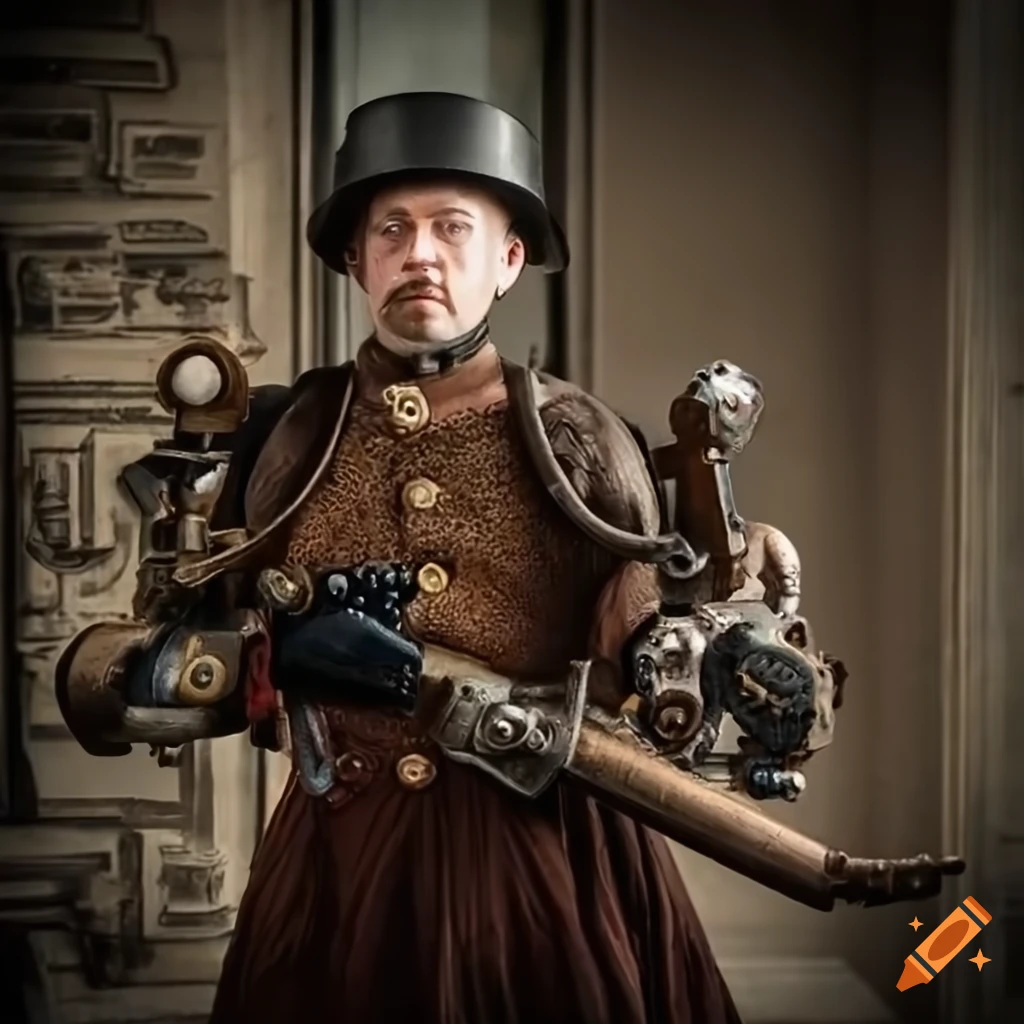 Victorian-era soldier with a steampunk robotic arm on Craiyon