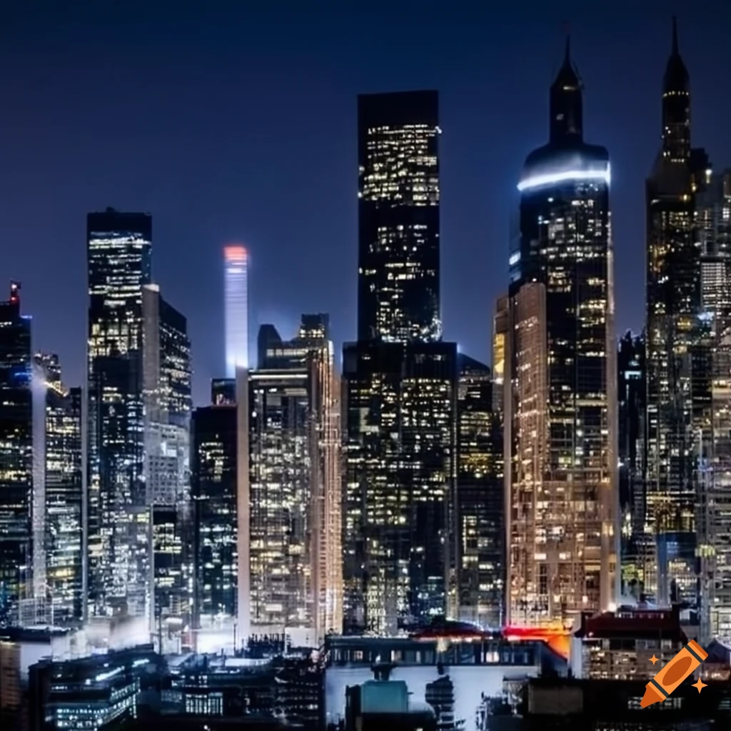 Nighttime city skyscrapers on Craiyon