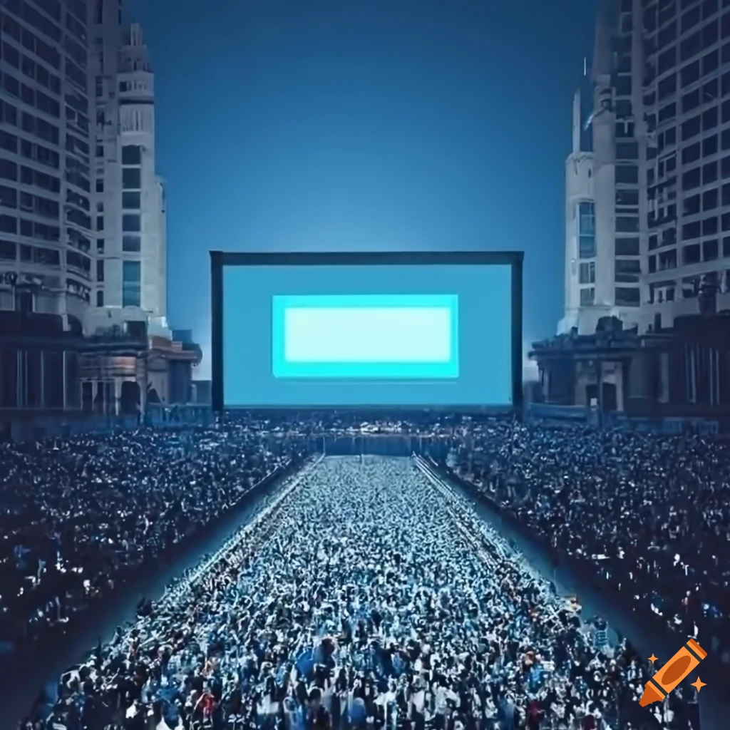 City square with crowds watching white code on a blue big screen on Craiyon