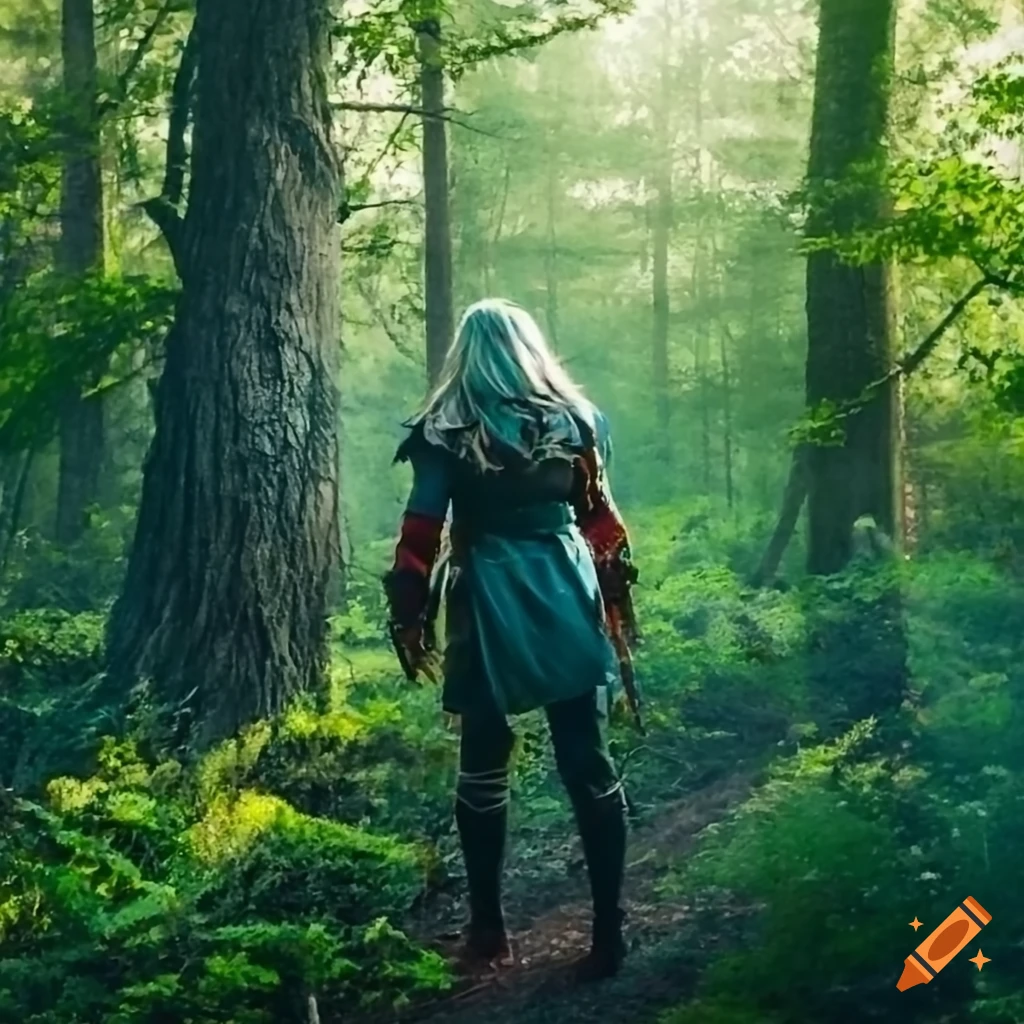 Rpg party of 4 members in a forest scene from behind on Craiyon