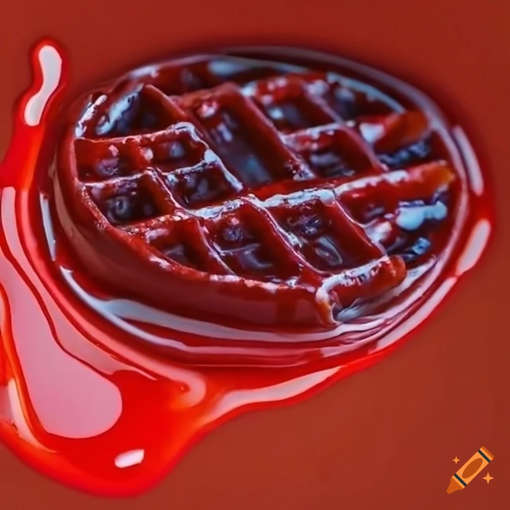 Blue waffles with red syrup and french fries on Craiyon