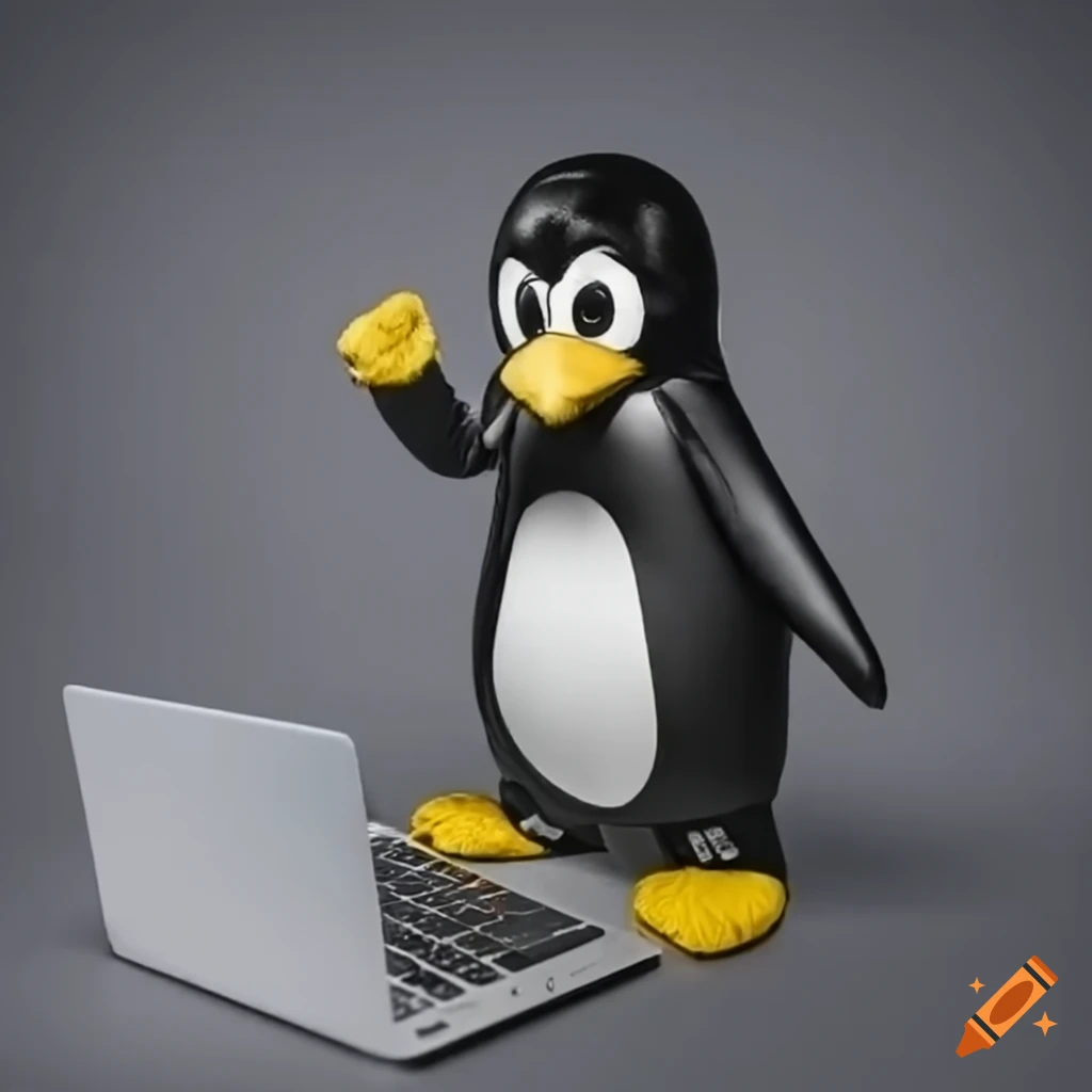 Linux mascot tux disapproving with a laptop on Craiyon