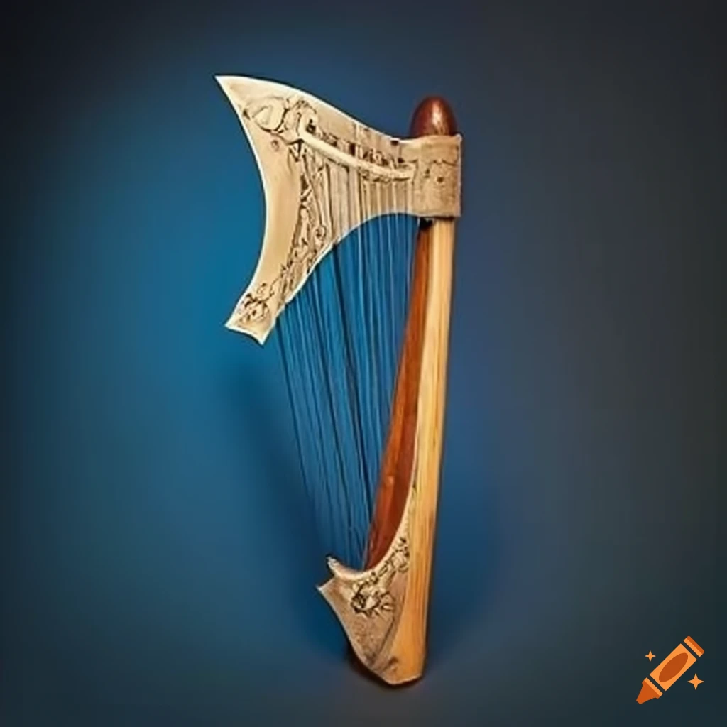 Unique harp shaped like a battle axe for medieval music on Craiyon