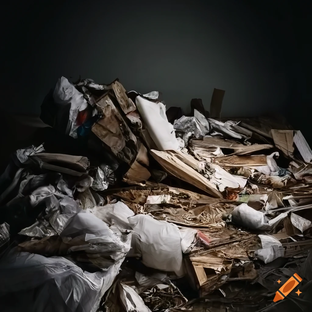 Pile of junk garbage covered with white drapery in a dramatic landscape ...