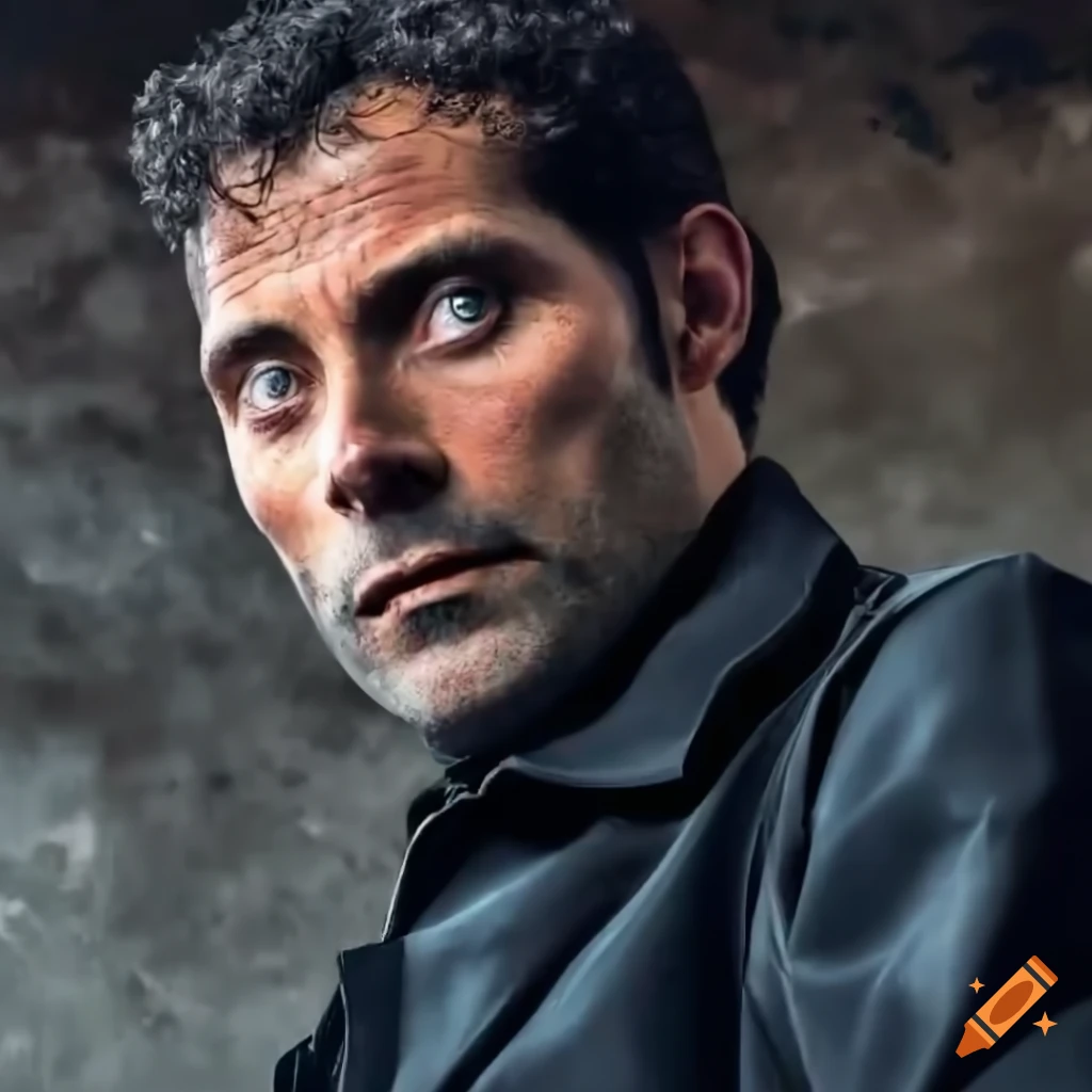 Actor Rufus Sewell lookalike in red plaid shirt and black leather trousers peeking through ...