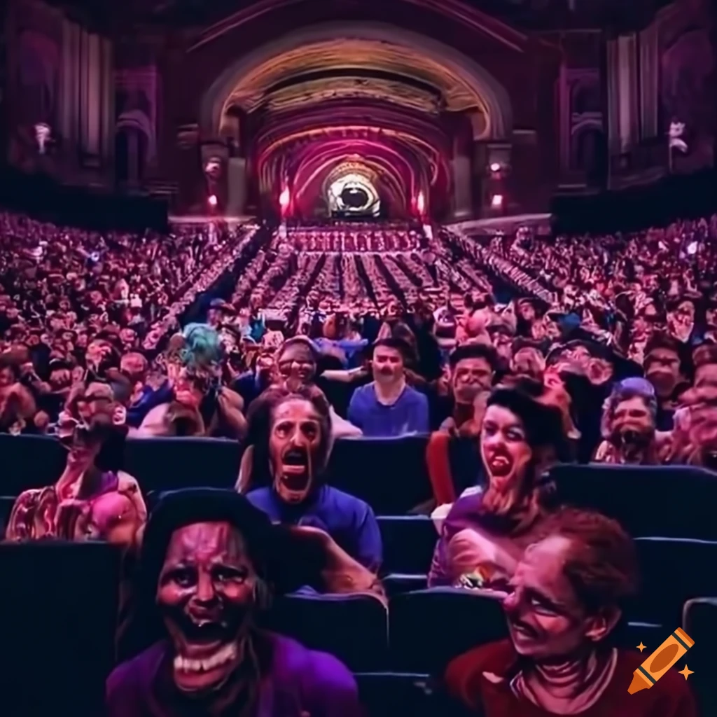 Rowdy colorful audience in a grand theatre in Washington D.C. at night ...