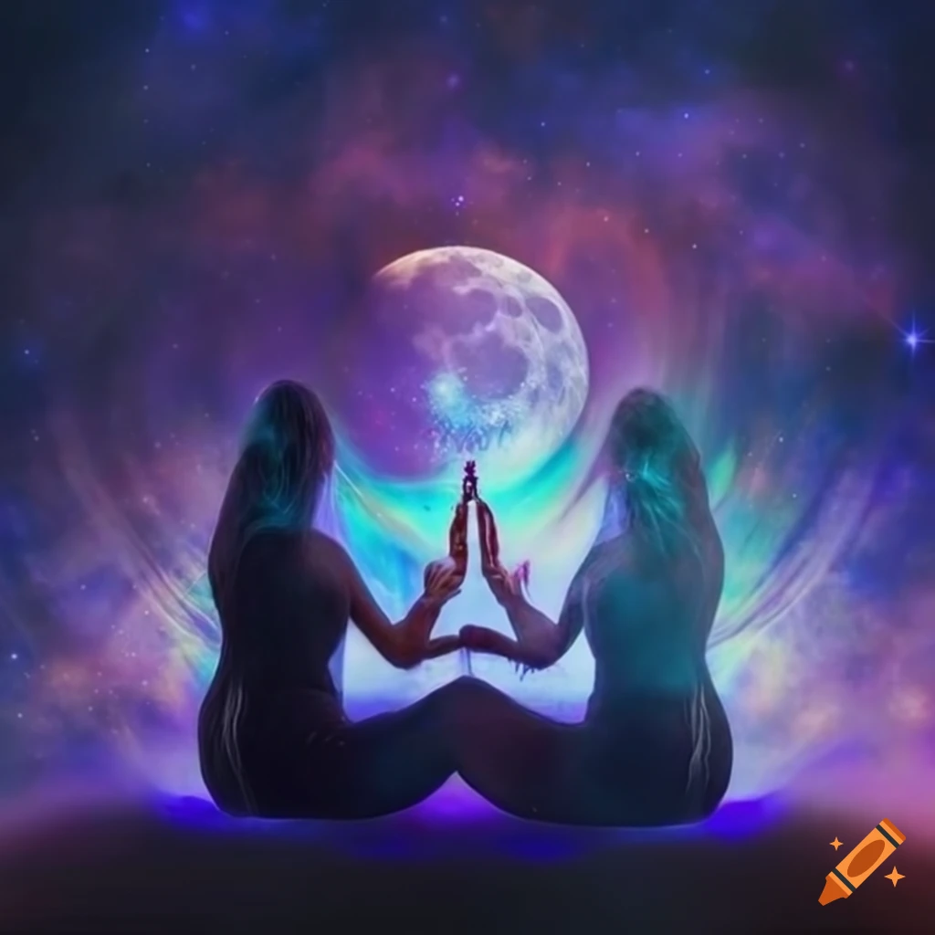 High priestess witch meditating under the full moon in a cosmic setting ...