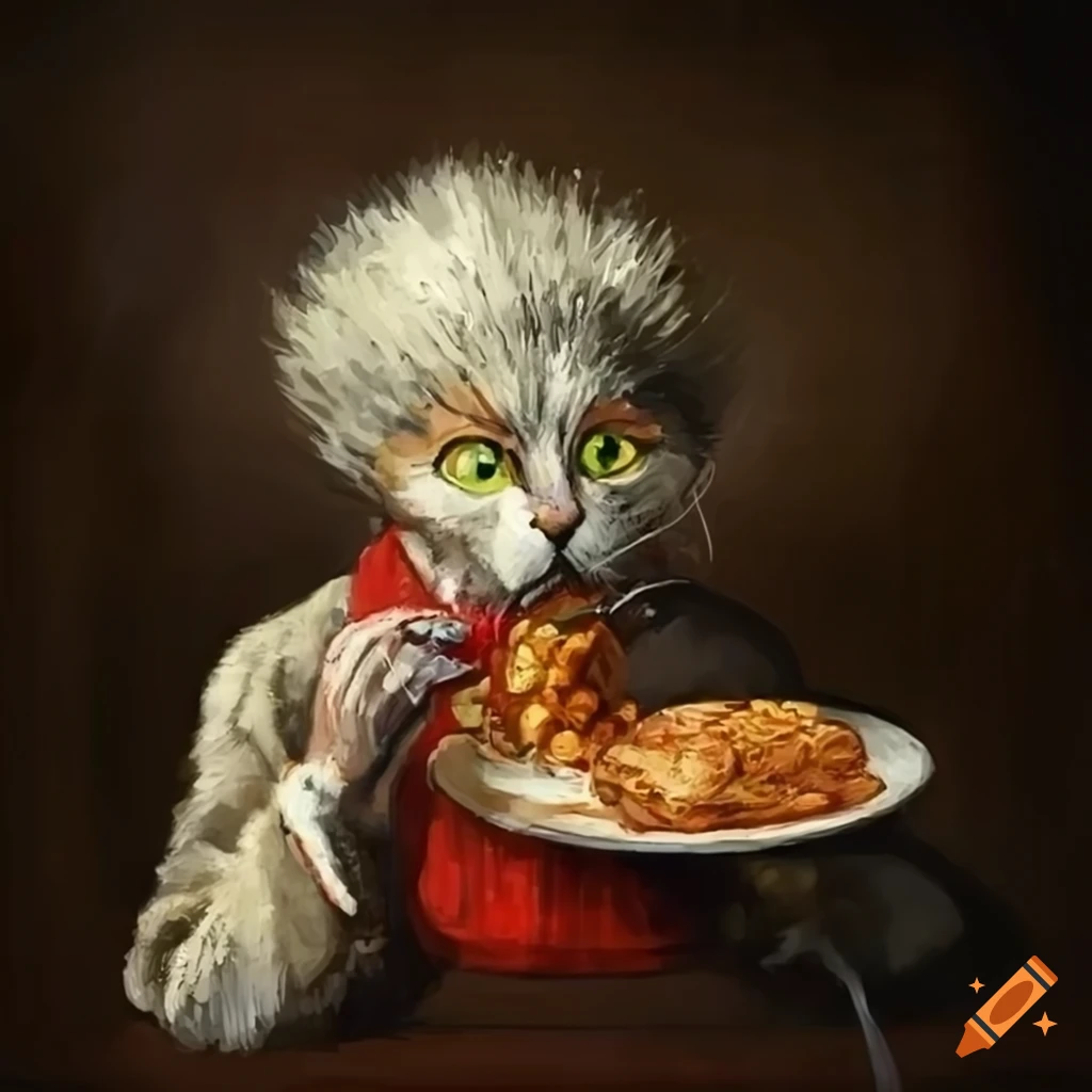 Cat in fancy clothes eating linguini under the full moon on Craiyon