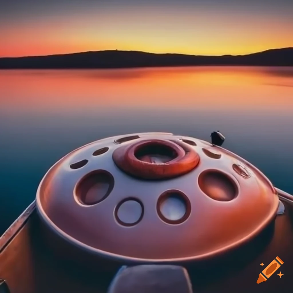 Handpan inside a cabin cruiser on a calm lake under the scenic sunset ...
