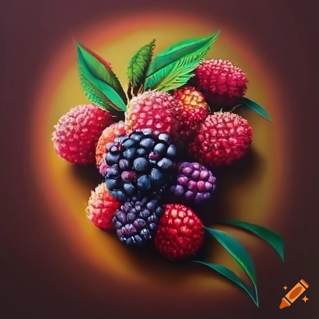 Realistic 3D color serigraph of litchis and blackberries in high ...