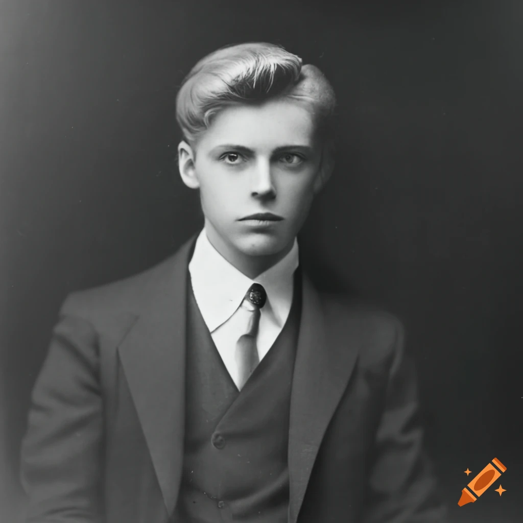1899 black and white portrait of a blond young man in an expensive suit ...
