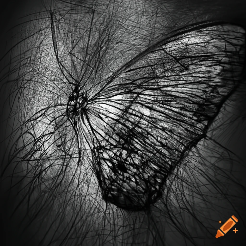 Scribble art of a tattered butterfly in a dark room on Craiyon