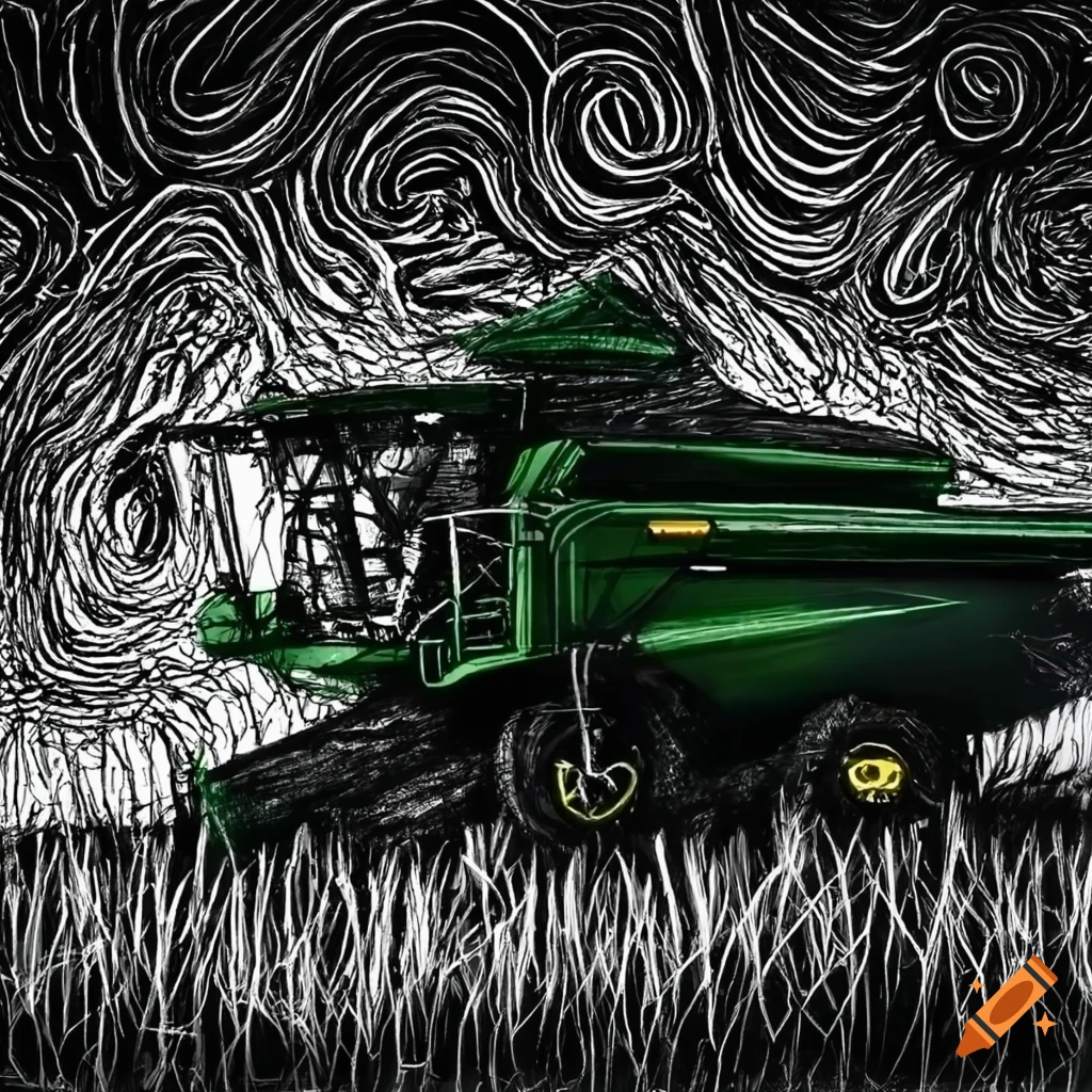 Black and white scribble art of a john deere x9 combine on Craiyon
