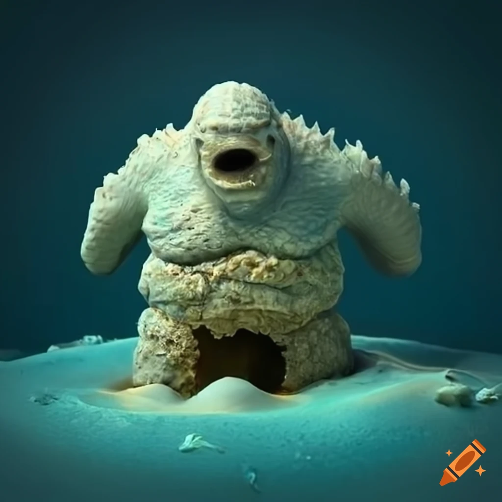 Sea sand golem resembling a rounded fish humanoid on Craiyon