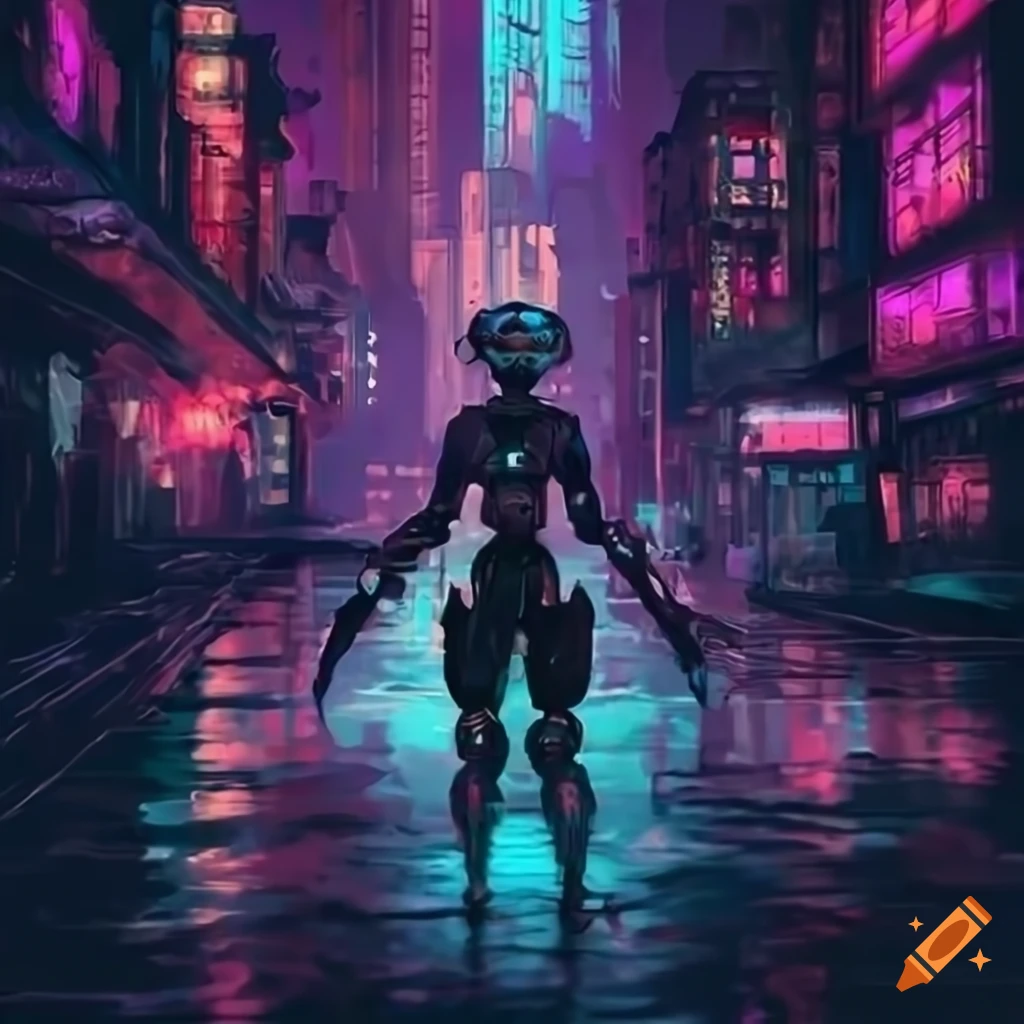 Cityscape blending biopunk and cyberpunk elements with neon-lit streets ...