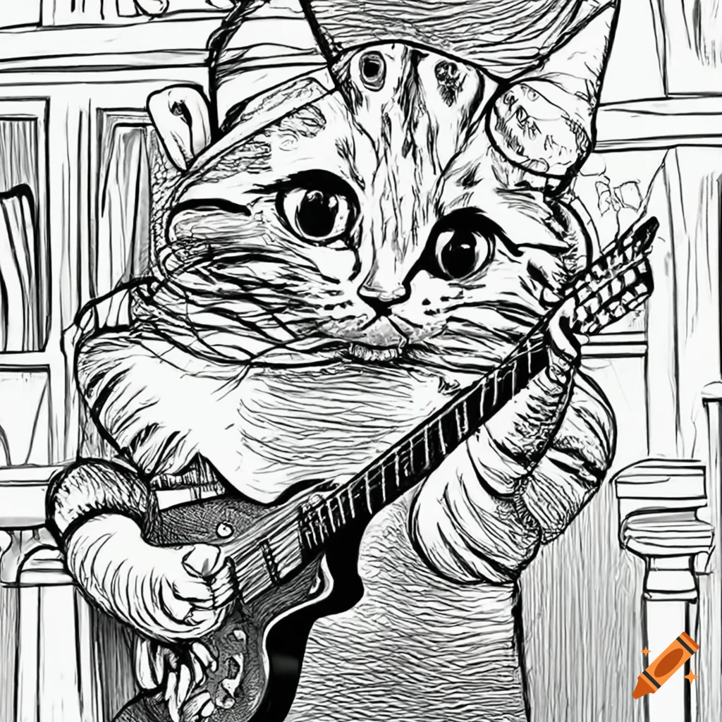 Cats playing guitar in coloring book pages on Craiyon