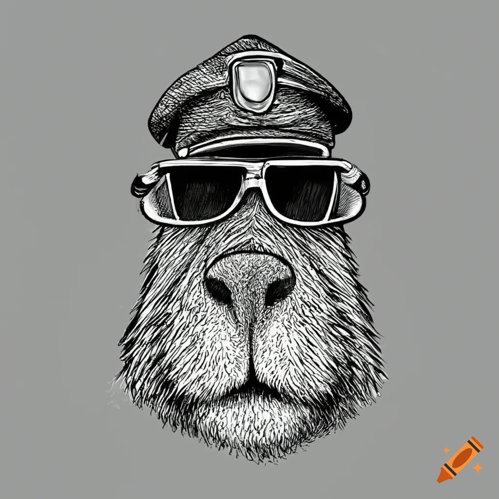 Comical caricature of a capybara with a police hat and sunglasses in ...