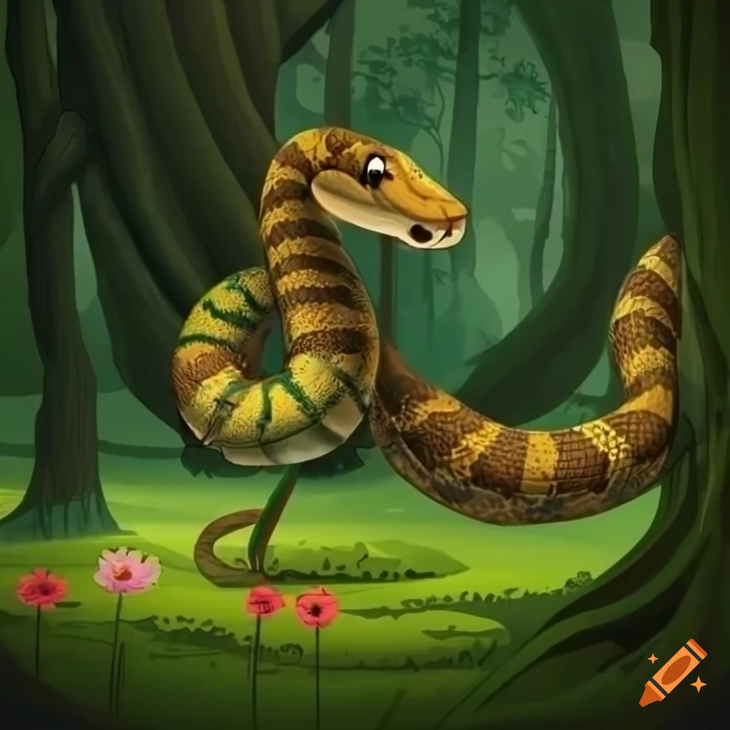 Surrealistic cartoon animal in a strange forest with exotic flowers and ...