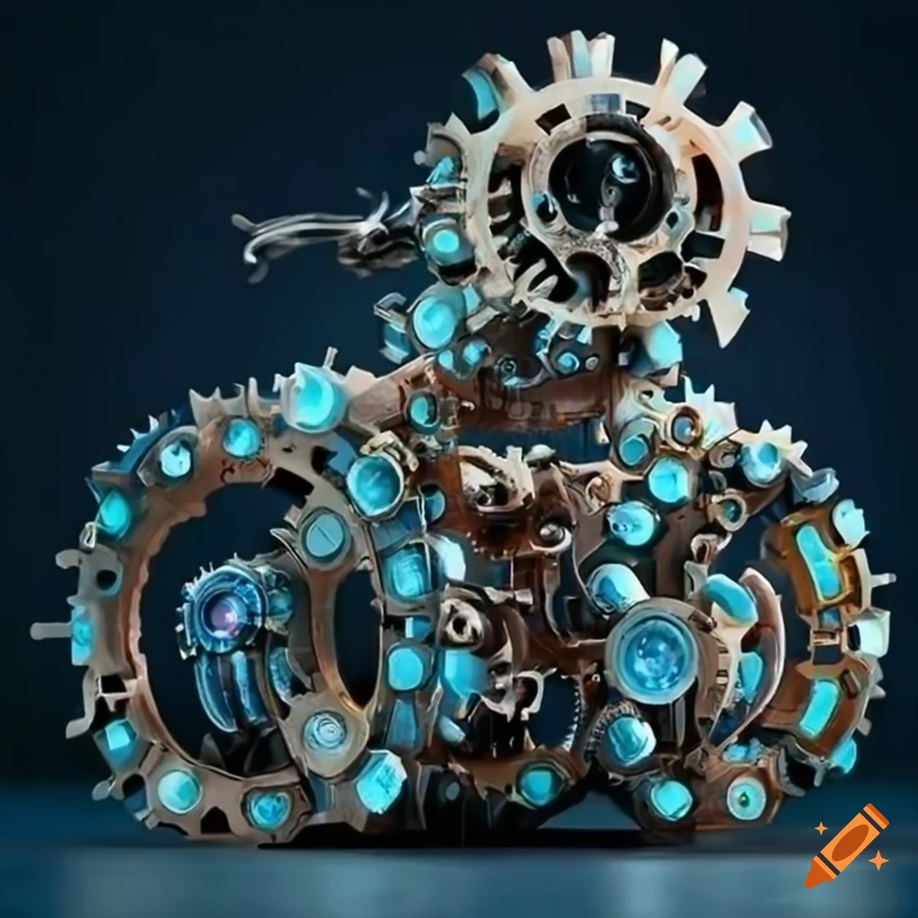 Intricate mechanical robotic creature of cog wheels and gemstones on ...