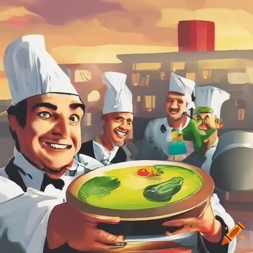 Modern comic with busy chefs in a professional kitchen on Craiyon