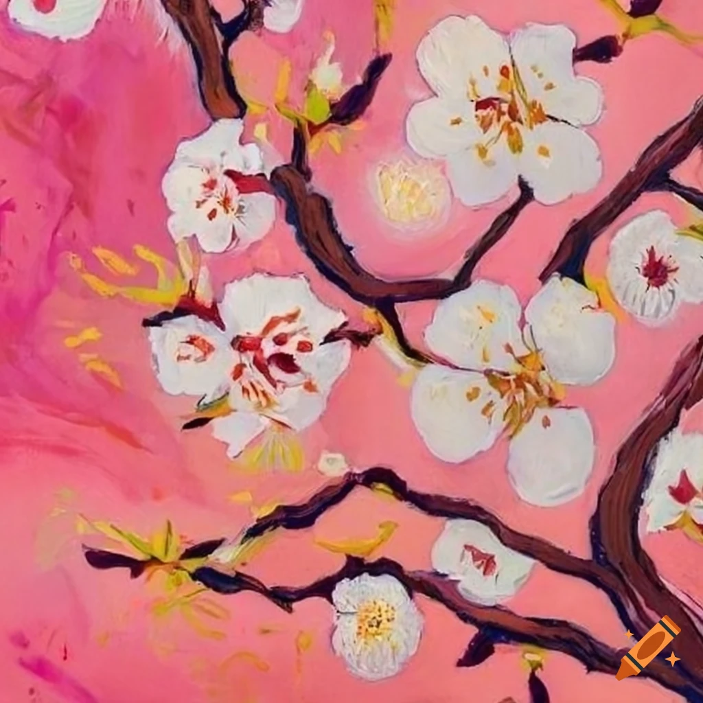 Almond blossoms in van gogh style on a pink background on Craiyon