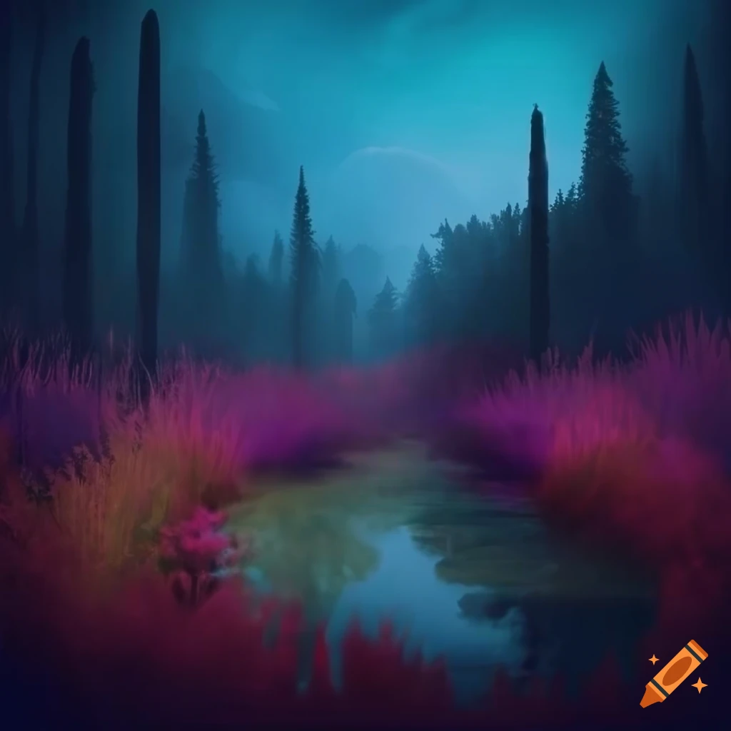 Mystical blue forest with a small river and colorful plants, medieval ...