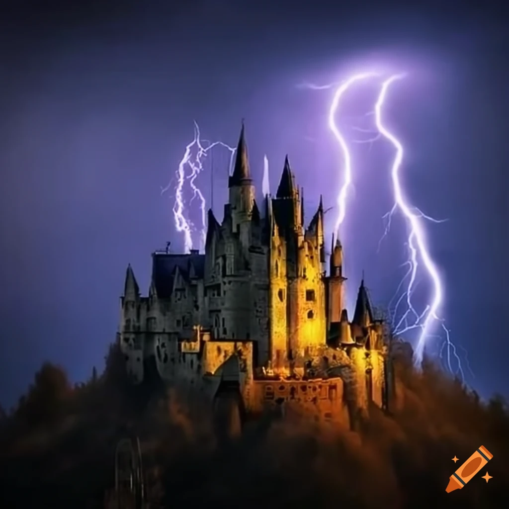 Spooky eerie vampire castle surrounded by lightning bolts on Craiyon