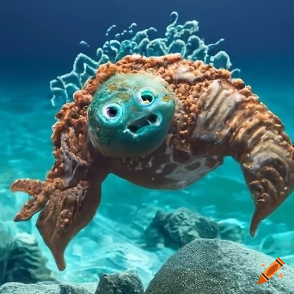 Small sea sand golem rounded fish with legs on Craiyon