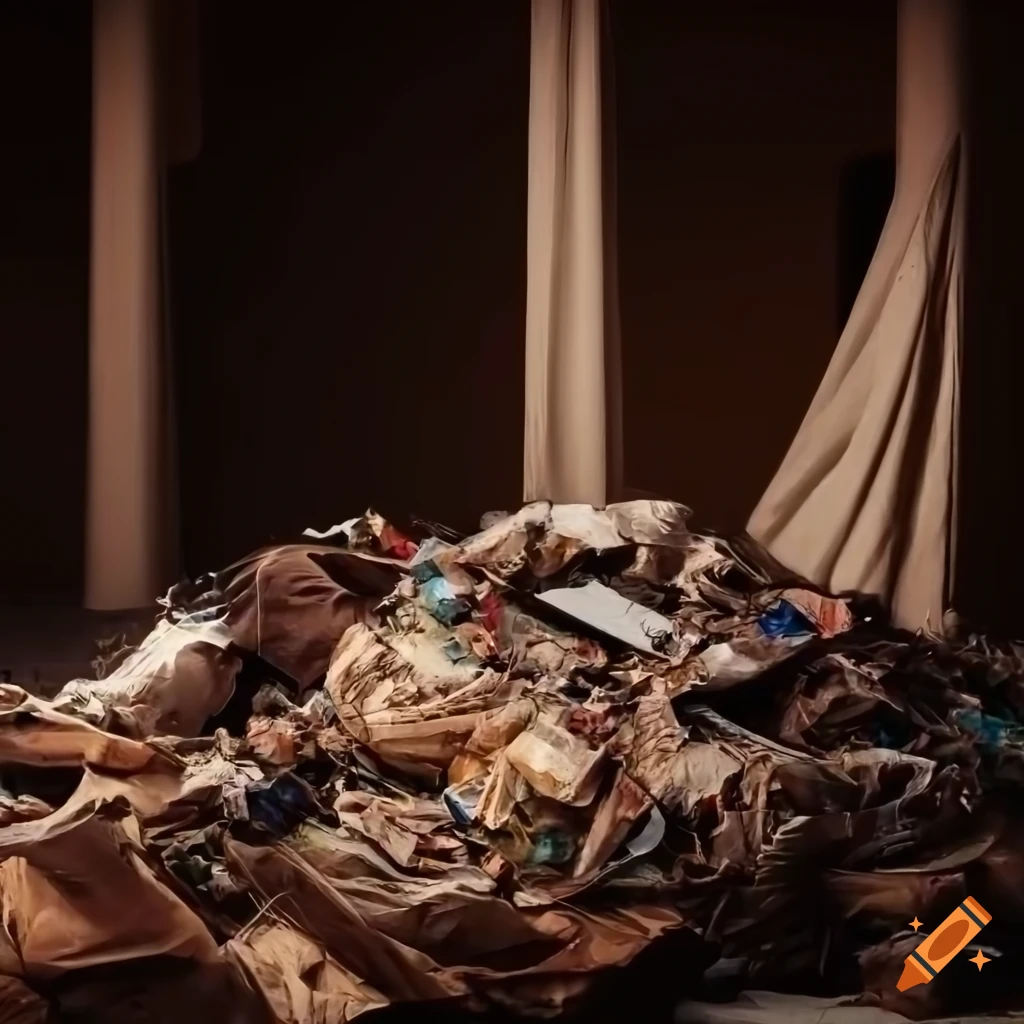 Pile of junk garbage covered with a drapery in a dramatic destroyed ...