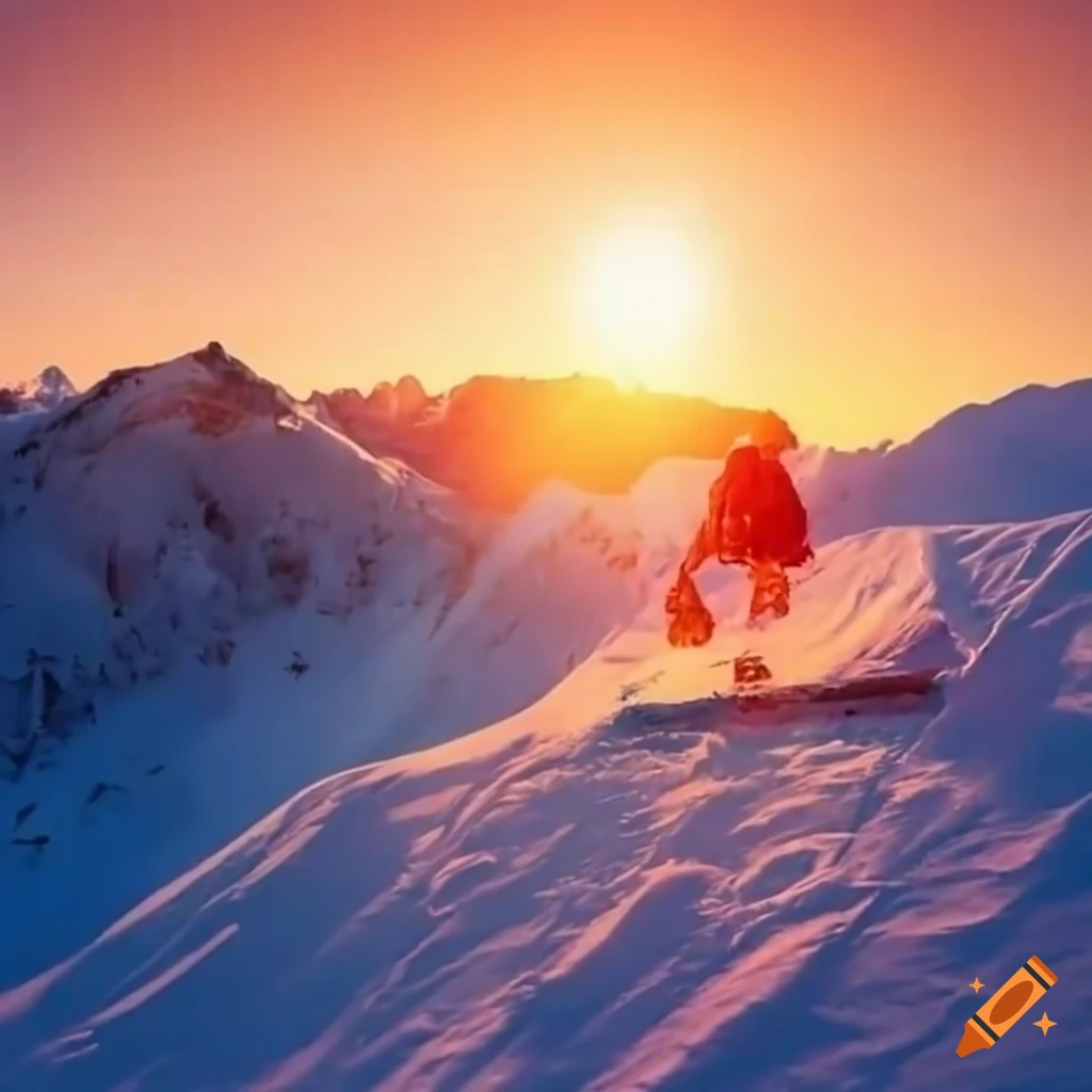 Snowboarding on a mountain during a winter sunset on Craiyon