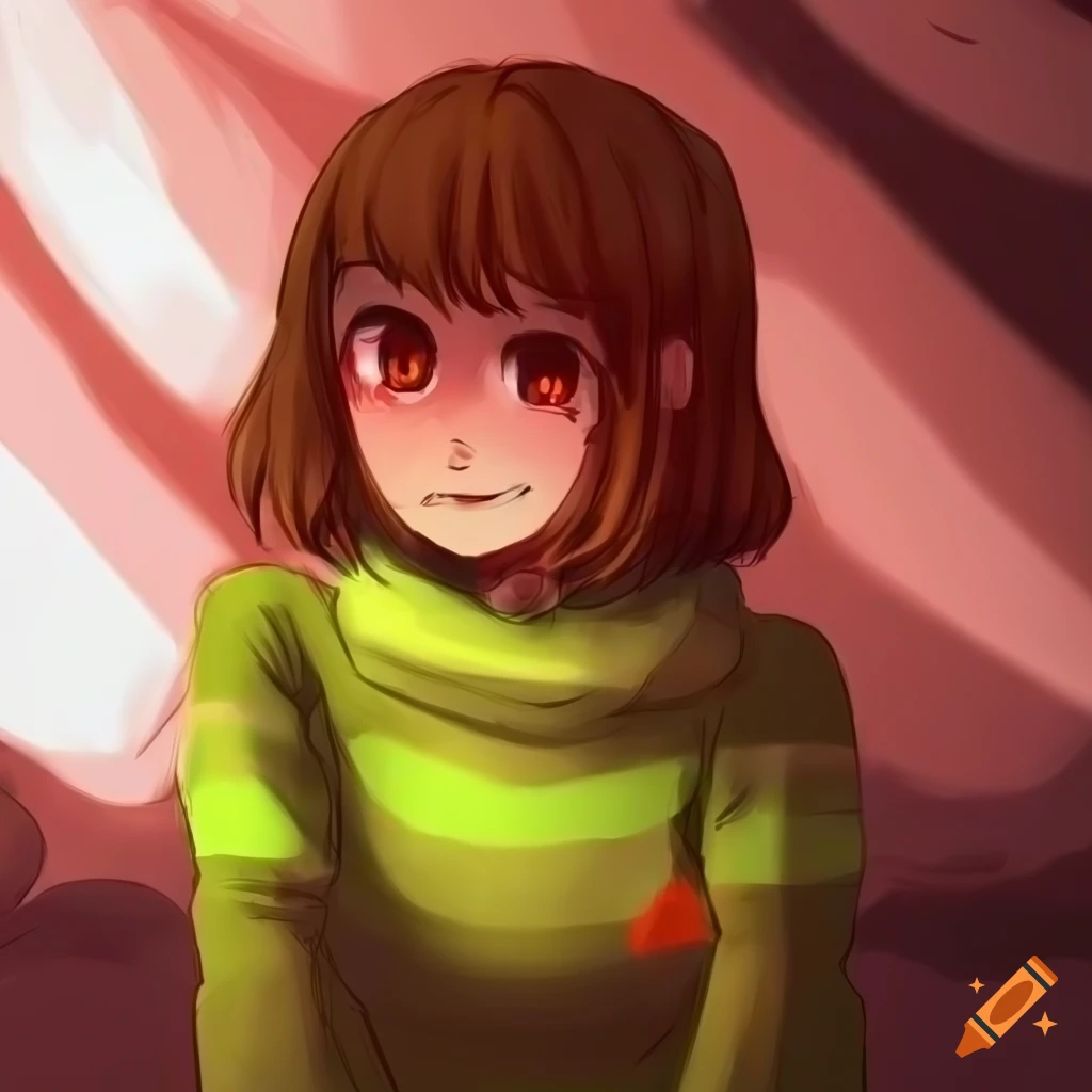 Chara from Undertale sitting casually and looking off-camera on Craiyon