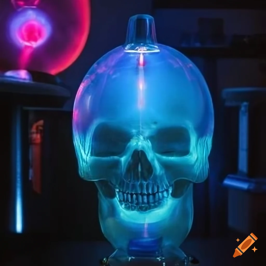 Energy skull in a 1960s laboratory with an exotic plasma globe on Craiyon
