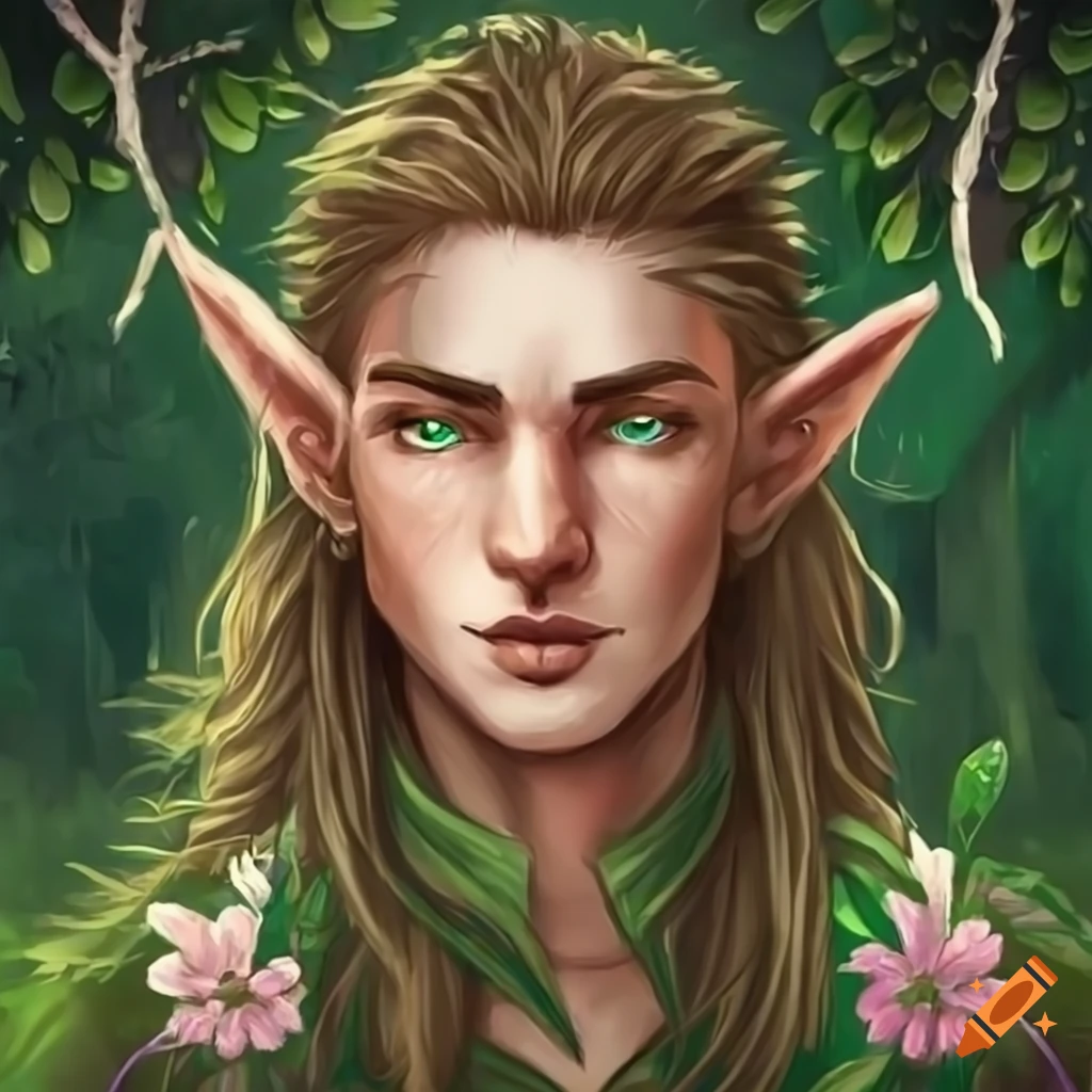Male wood elf druid with leafy hair adorned with flowers on Craiyon