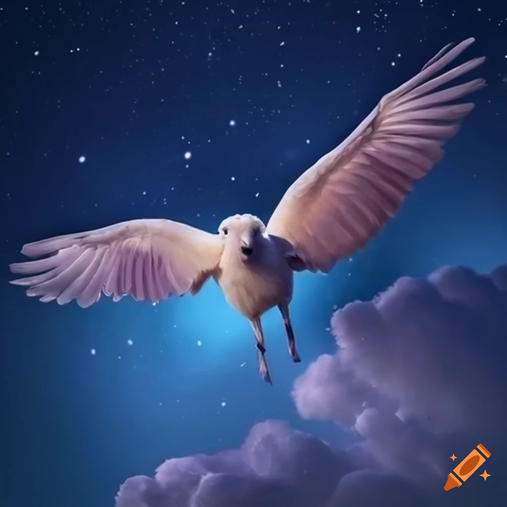 Flying sheep with wings over a field of flowers under the starry night ...