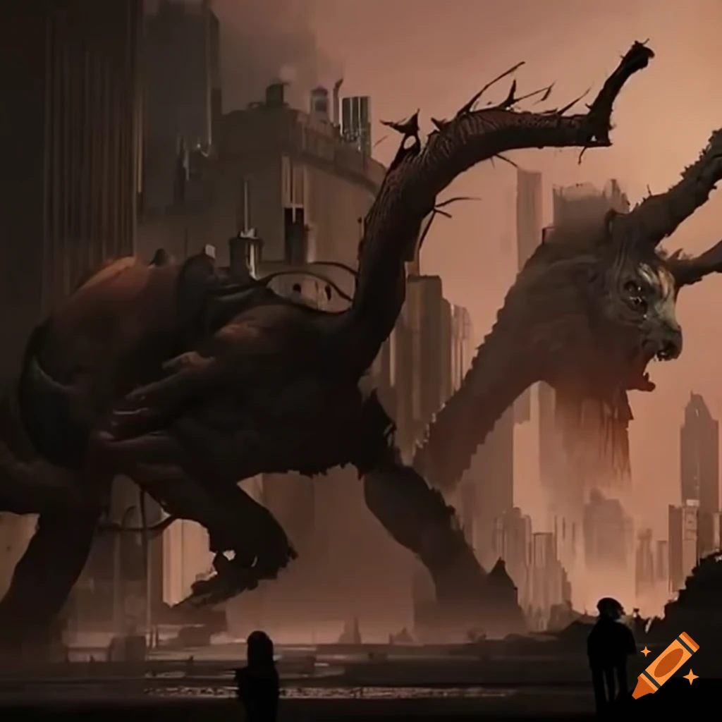 Colossal creatures clashing in a populated city in an epic battle on Craiyon