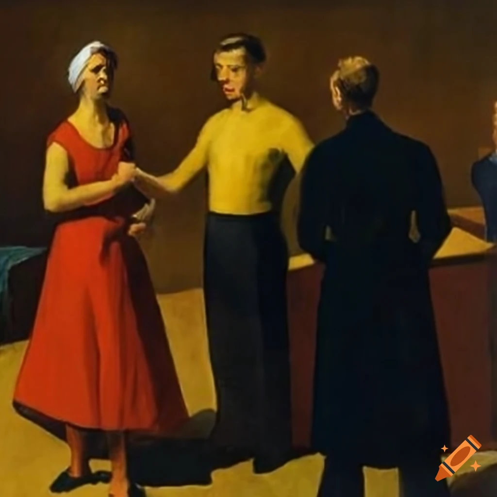 Painting of women arguing with men by edward hopper and malevich on Craiyon