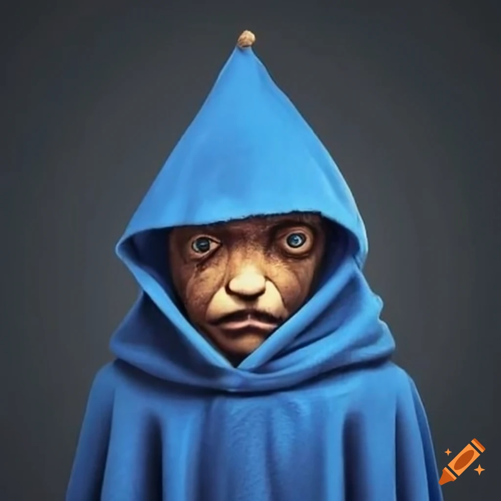 Blue cloaked man with high eyebrows choking a teddy bear on Craiyon