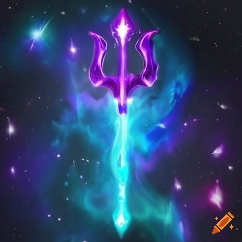 Blue and purple glowing trident with a galaxy/godly aura on Craiyon